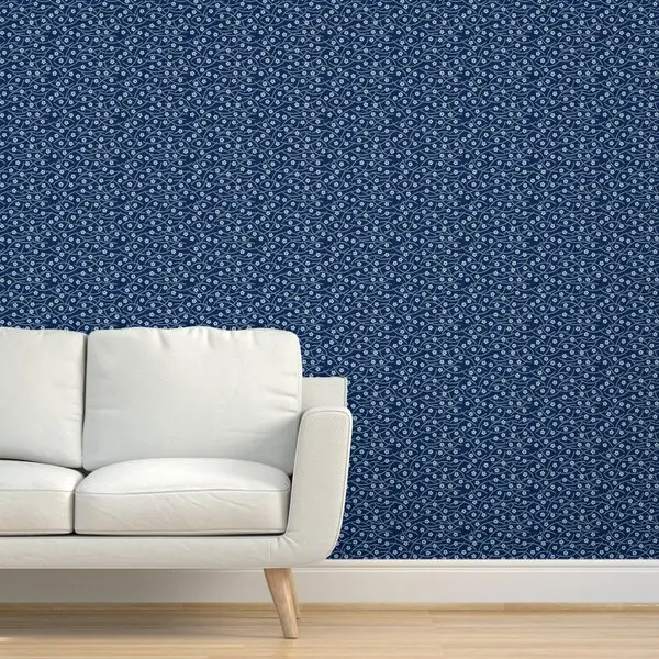 Spoonflower Asian Japan Japanese Pattern Blossom Kimono Custom Removable Wallpaper - Blue
