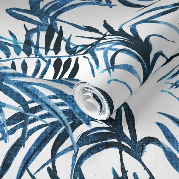 Spoonflower Tropical Palm Indigo Blue White Leaf Tree Island Custom Removable Wallpaper - Blue,indigo