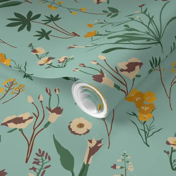 Spoonflower Flower Floral Plant Wildflower Garden Custom Removable Wallpaper - Mint,green,gray