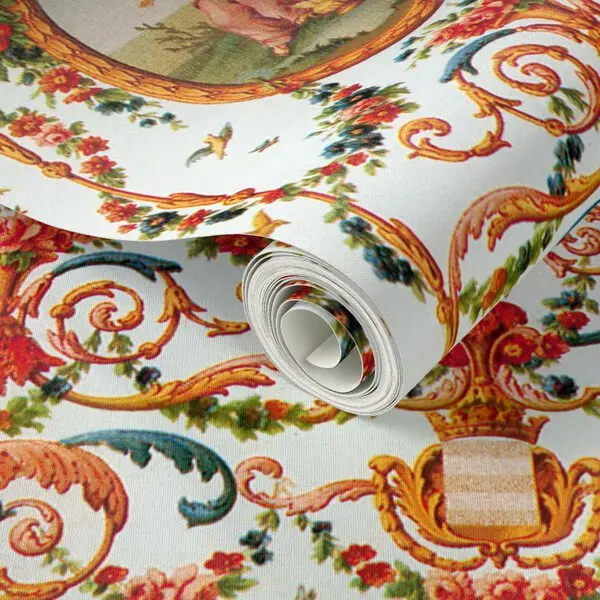 Spoonflower Floral Romantic Damask Harvest Rococo Lolita Traditional Wallpaper - Green,red,orange