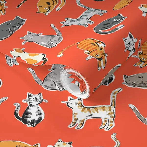 Spoonflower Kitties Cats Traditional Wallpaper - Coral,gray,pink