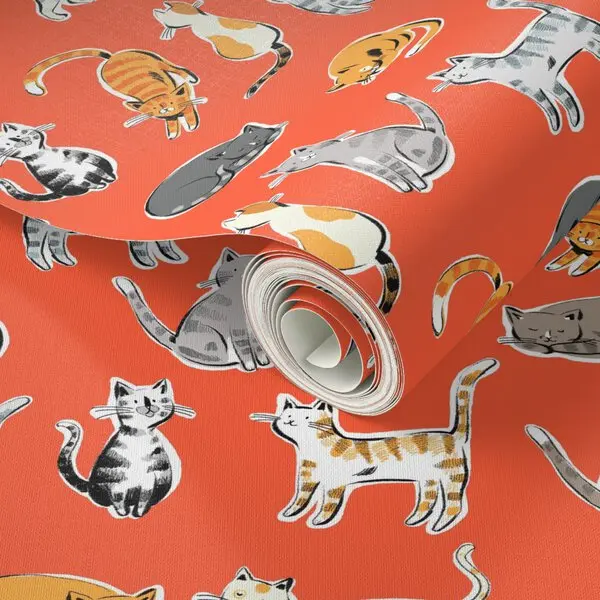 Spoonflower Kitties Cats Traditional Wallpaper - Coral,gray,pink