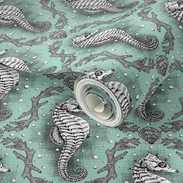 Spoonflower Vintage Animal Fish Seahorse Victorian Damask Custom Pre-pasted Wallpaper - Gray,mint,blue