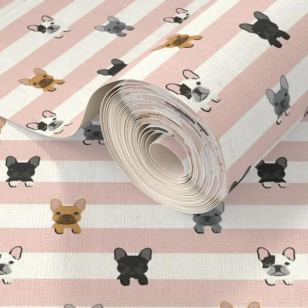 Spoonflower French Bulldog Stripes Dog Breed Stripe Dogs 100% Natural Sisal Grasscloth Wallcovering - Pink