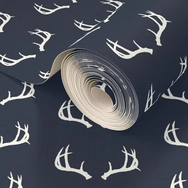 Spoonflower Woodland Navy Antler Blue Deer Buck Camping 100% Natural Sisal Grasscloth Wallcovering - Blue,navy