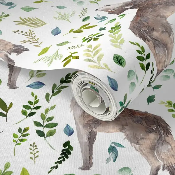 Spoonflower Boho Wolf Forest Woodland Grey Wild Nursery Custom Removable Wallpaper - Green,brown