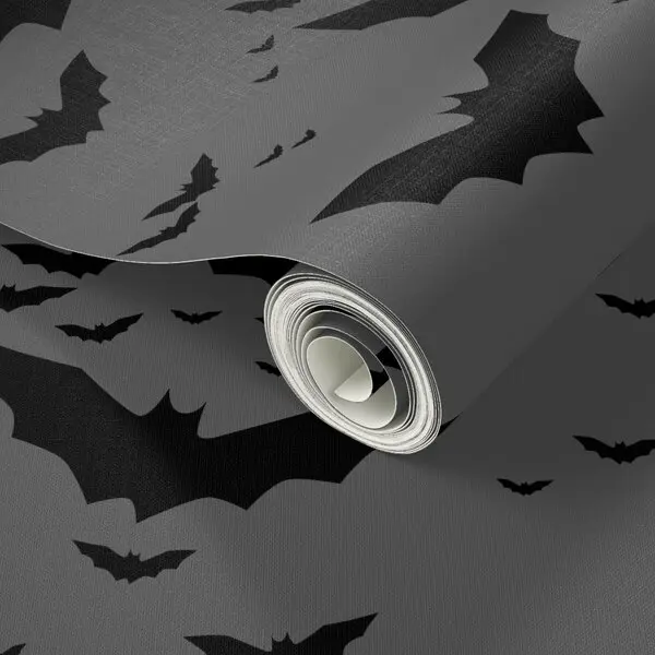 Spoonflower Halloween Bats Flying Minimalism Black And Grey Traditional Wallpaper - Black,white,gray