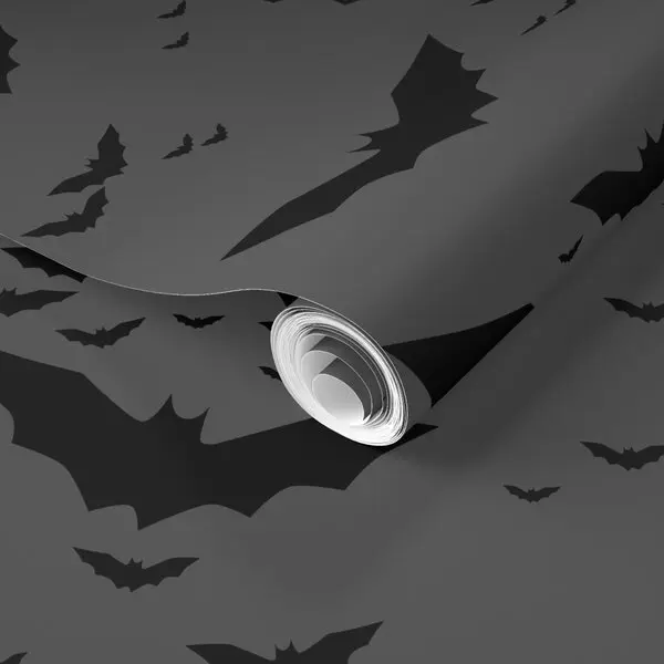 Spoonflower Halloween Bats Flying Minimalism Black And Grey Traditional Wallpaper - Black,white,gray