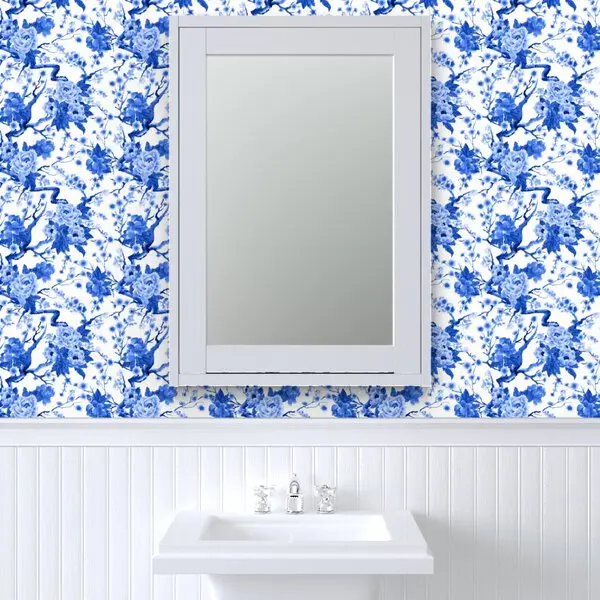 Spoonflower Flower Bloom Floral Chinese Japanese Tree Branch Custom Pre-pasted Wallpaper - Blue