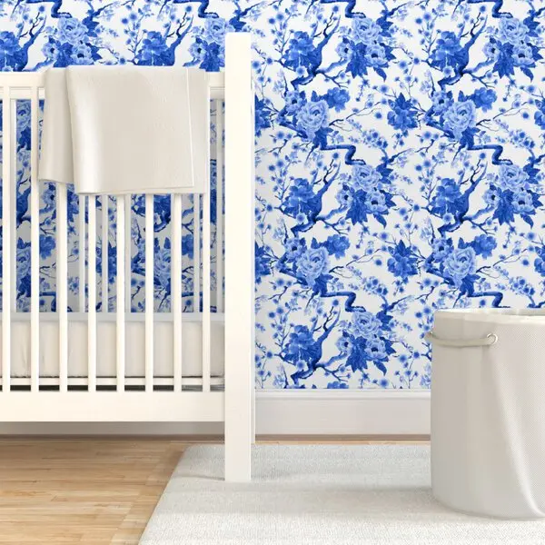 Spoonflower Flower Bloom Floral Chinese Japanese Tree Branch Custom Pre-pasted Wallpaper - Blue