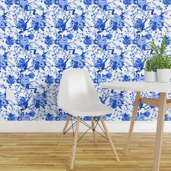 Spoonflower Flower Bloom Floral Chinese Japanese Tree Branch Custom Pre-pasted Wallpaper - Blue