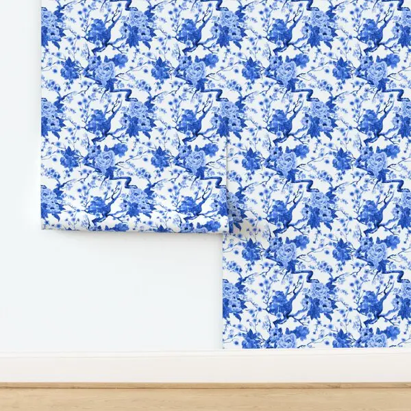 Spoonflower Flower Bloom Floral Chinese Japanese Tree Branch Custom Pre-pasted Wallpaper - Blue