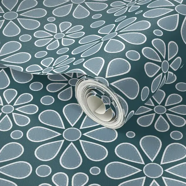 Spoonflower Flowers Retro Winter Mid Century Custom Removable Wallpaper - Blue