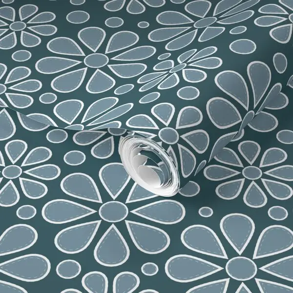 Spoonflower Flowers Retro Winter Mid Century Custom Removable Wallpaper - Blue