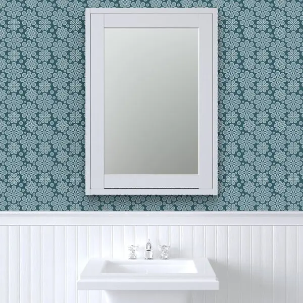 Spoonflower Flowers Retro Winter Mid Century Custom Removable Wallpaper - Blue