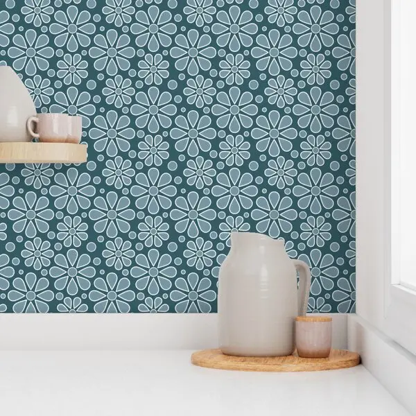 Spoonflower Flowers Retro Winter Mid Century Custom Removable Wallpaper - Blue