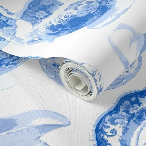 Spoonflower Delft And White China Teapots Teacups Plates Traditional Wallpaper - Blue