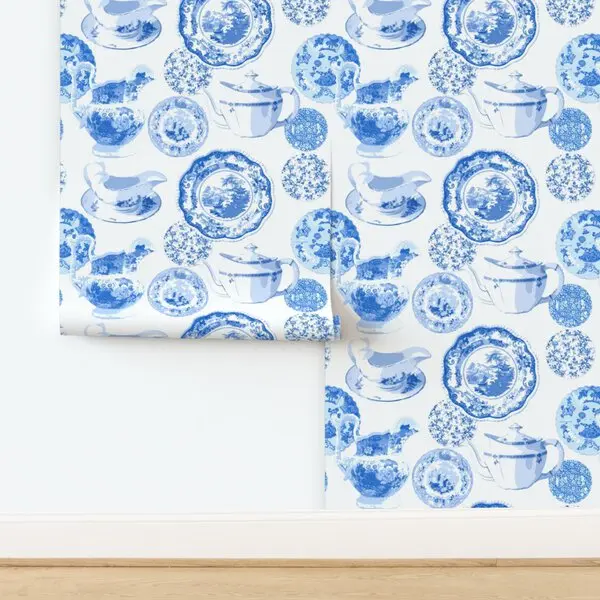 Spoonflower Delft And White China Teapots Teacups Plates Custom Removable Wallpaper