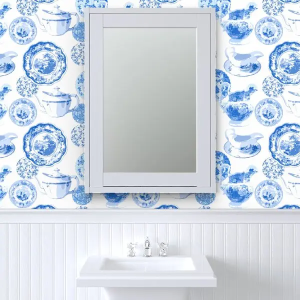 Spoonflower Delft And White China Teapots Teacups Plates Custom Removable Wallpaper