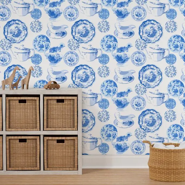 Spoonflower Delft And White China Teapots Teacups Plates Custom Removable Wallpaper
