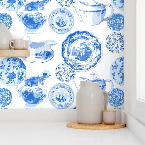 Spoonflower Delft And White China Teapots Teacups Plates Custom Removable Wallpaper