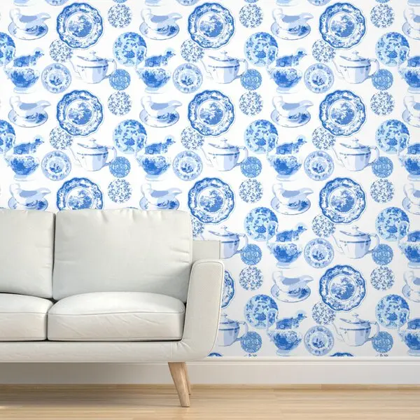 Spoonflower Delft And White China Teapots Teacups Plates Custom Removable Wallpaper