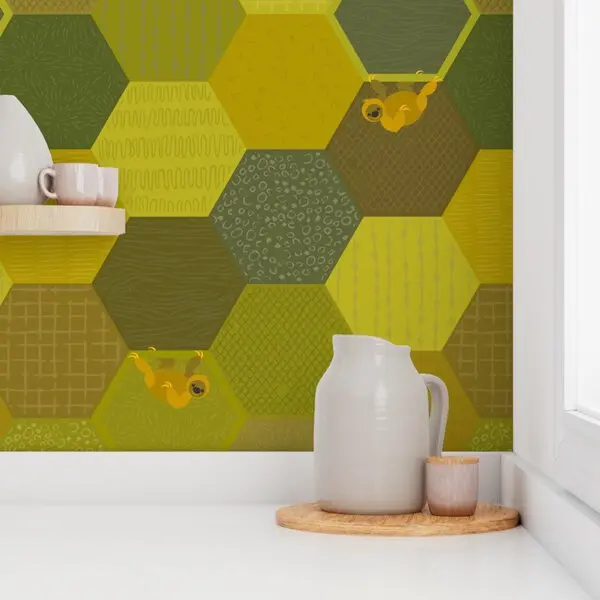 Spoonflower Green Chartreuse Olive Hexagons Custom Removable Wallpaper