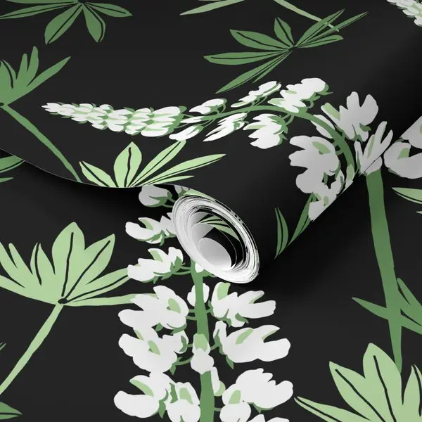 Spoonflower Black Green Floral Wild Flowers Custom Removable Wallpaper - Black,mint,green