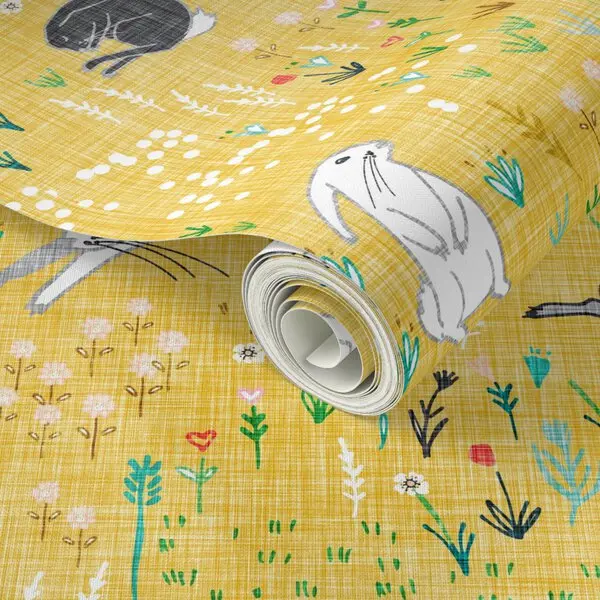 Spoonflower Bunny Field Butter Yellow Rabbit Wildflower Custom Pre-pasted Wallpaper - Yellow,black,green