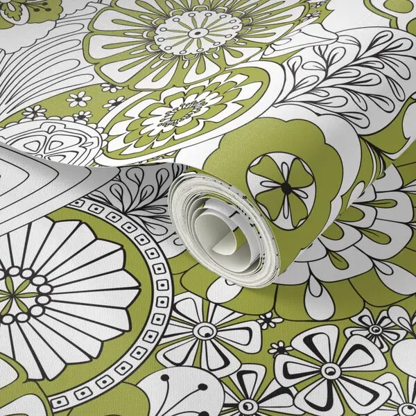 Spoonflower Flowers Retro Black And White Flourishes Botanical Custom Removable Wallpaper - Gray,green