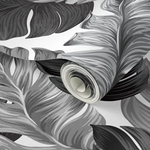 Spoonflower Black White Tropical Leaves Banana Summer Palm Custom Pre-pasted Wallpaper - Black,white,gray