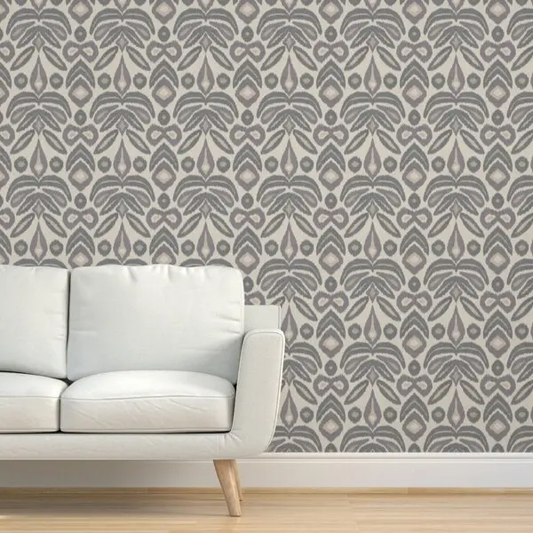 Spoonflower Neutral Bloom Ikat 100% Natural Sisal Grasscloth Wallcovering - Gray,beige,grey