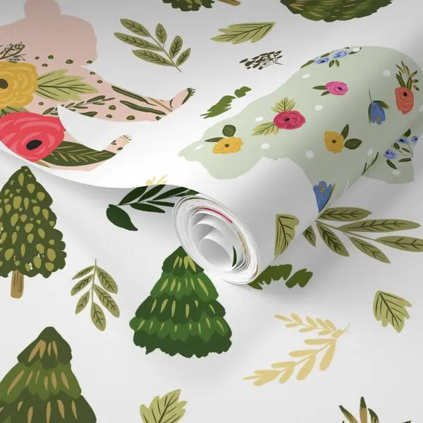 Spoonflower Pink Flowers Woodland Colors Winter Christmas Custom Pre-pasted Wallpaper - Green,brown,gray