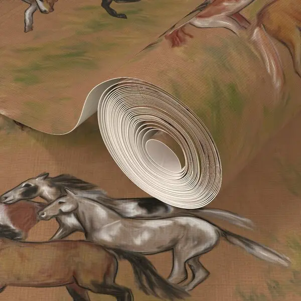 Spoonflower Mustang Horse Herd Two Way Large Scale 100% Natural Sisal Grasscloth Wallcovering - Brown