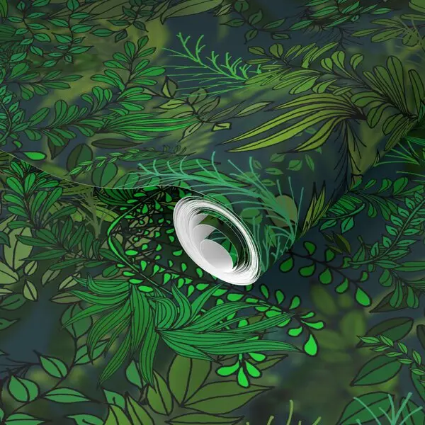 Spoonflower Botanical Green Water Garden Nature Seaweed Pond Custom Pre-pasted Wallpaper - Green,blue