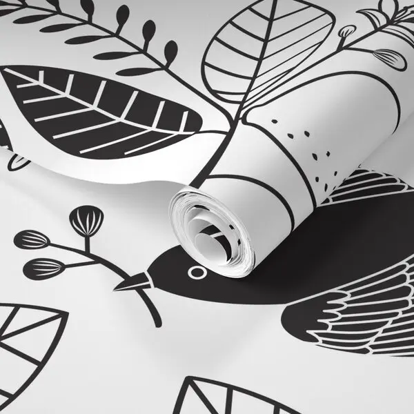 Spoonflower Bird Black And White Floral Leaf Custom Removable Wallpaper - Black,white,gray