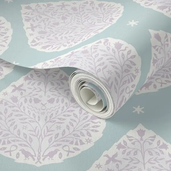 Spoonflower Cream Paisley Aqua Lilac Lavender Egyptian Blue Custom Pre-pasted Wallpaper - White,blue,gray
