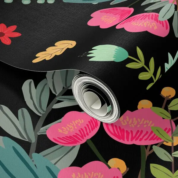 Spoonflower Boho Floral Black Flowers Pink Green Mustard Traditional Wallpaper - Pink,black,green