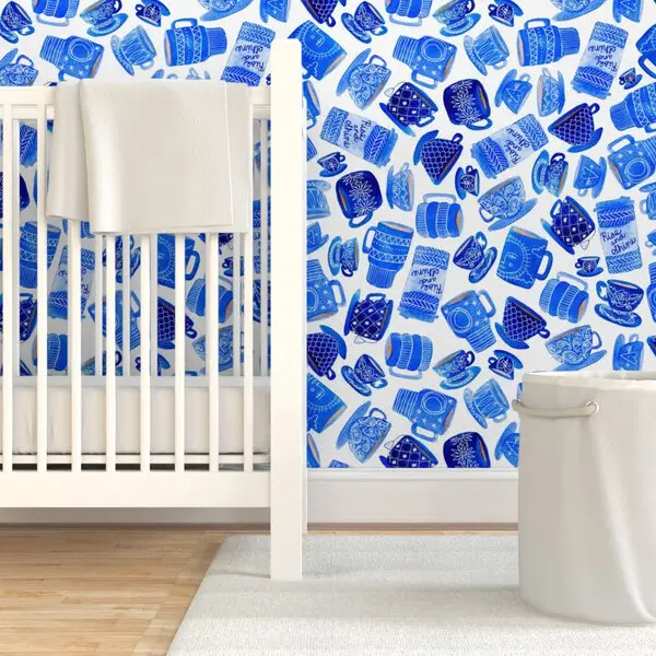 Spoonflower White Flowers Navy Sun Kitchen Watercolor Custom Pre-pasted Wallpaper