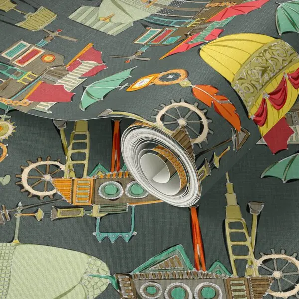 Spoonflower Steampunk Vintage Feathers Umbrella Hot Air Traditional Wallpaper - Green,orange,brown