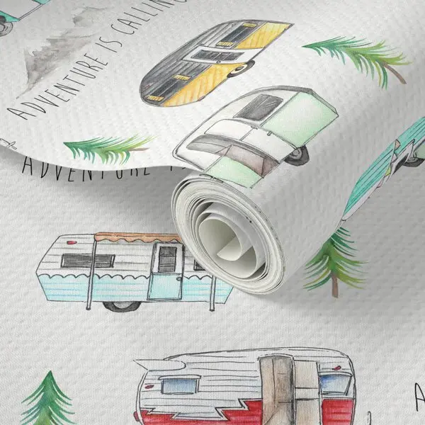 Spoonflower Retro Camping Camper Adventure Custom Pre-pasted Wallpaper - Gray,green,mint