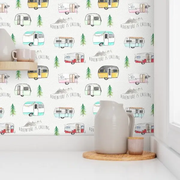 Spoonflower Retro Camping Camper Adventure Traditional Wallpaper