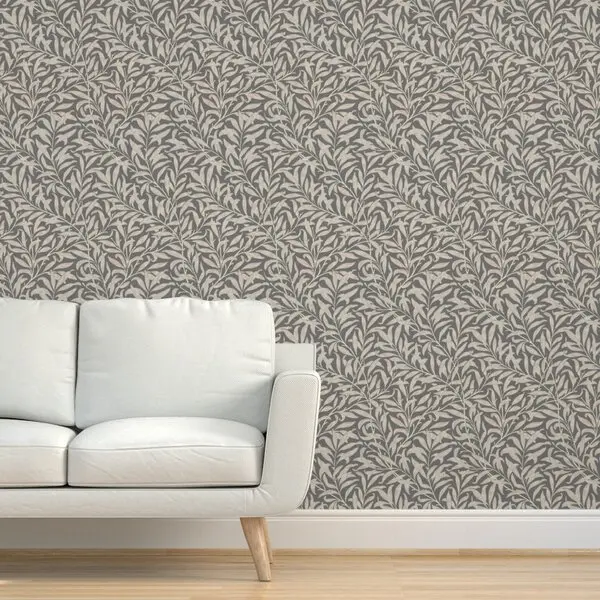 Spoonflower Willow Bough In Sand And Slate 100% Natural Sisal Grasscloth Wallcovering - Gray,grey