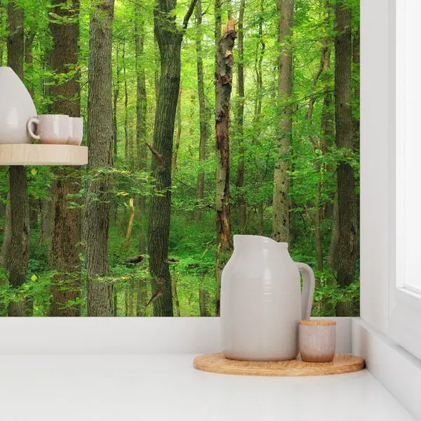 Spoonflower Green Nature Branches Forest Trees Photograph Traditional Wallpaper