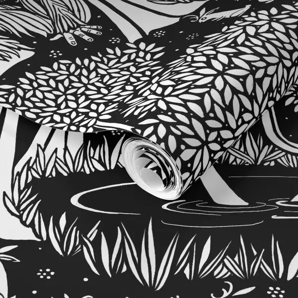 Spoonflower Black And White Forest Woodland Dragon Landscape Custom Removable Wallpaper - Black,white,gray