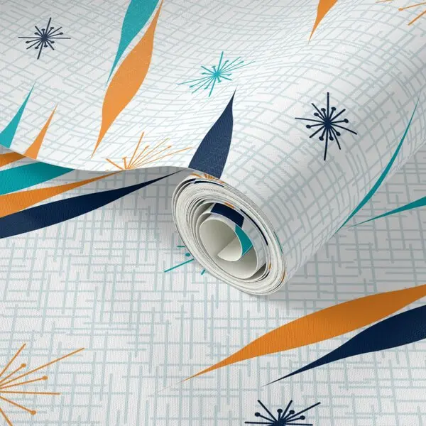 Spoonflower White Blue Retro Orange Turquoise Starburst Custom Removable Wallpaper - Gray,orange,mint