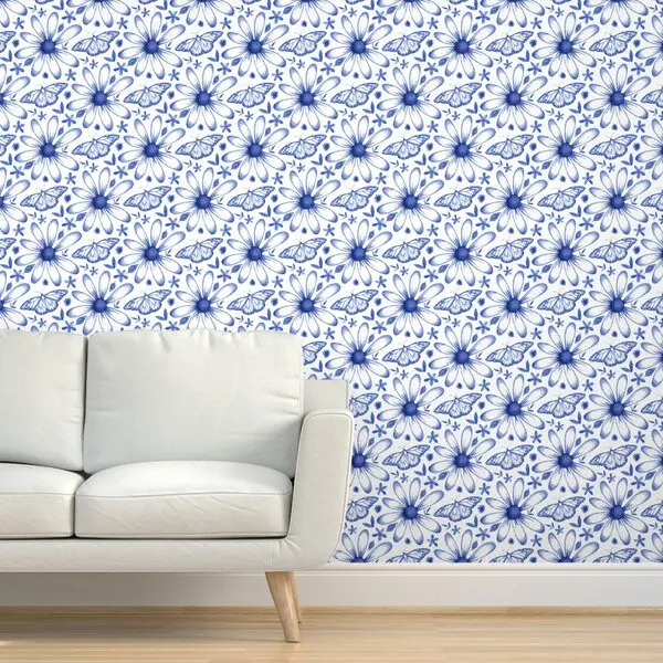 Spoonflower Butterfly Insect Botanical Nature Daisies Daisy Custom Pre-pasted Wallpaper