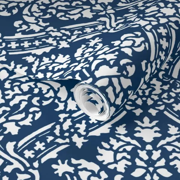 Spoonflower White Blue Floral Victorian Navy Damask Ornate Traditional Wallpaper - White,blue,navy