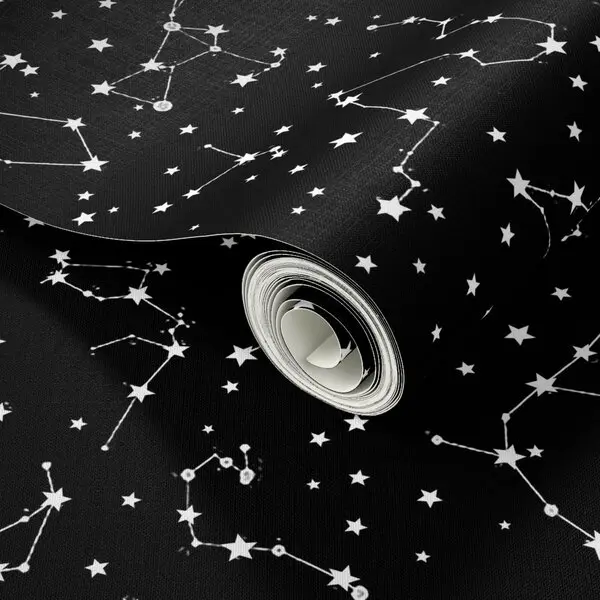 Spoonflower Goth Star Night Constellation Starry Cosplay Custom Pre-pasted Wallpaper - Black,white,gray