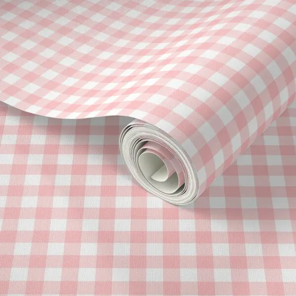 Spoonflower Gingham Check Peony Pink White Tartan Plaid Custom Pre-pasted Wallpaper - Pink,gray